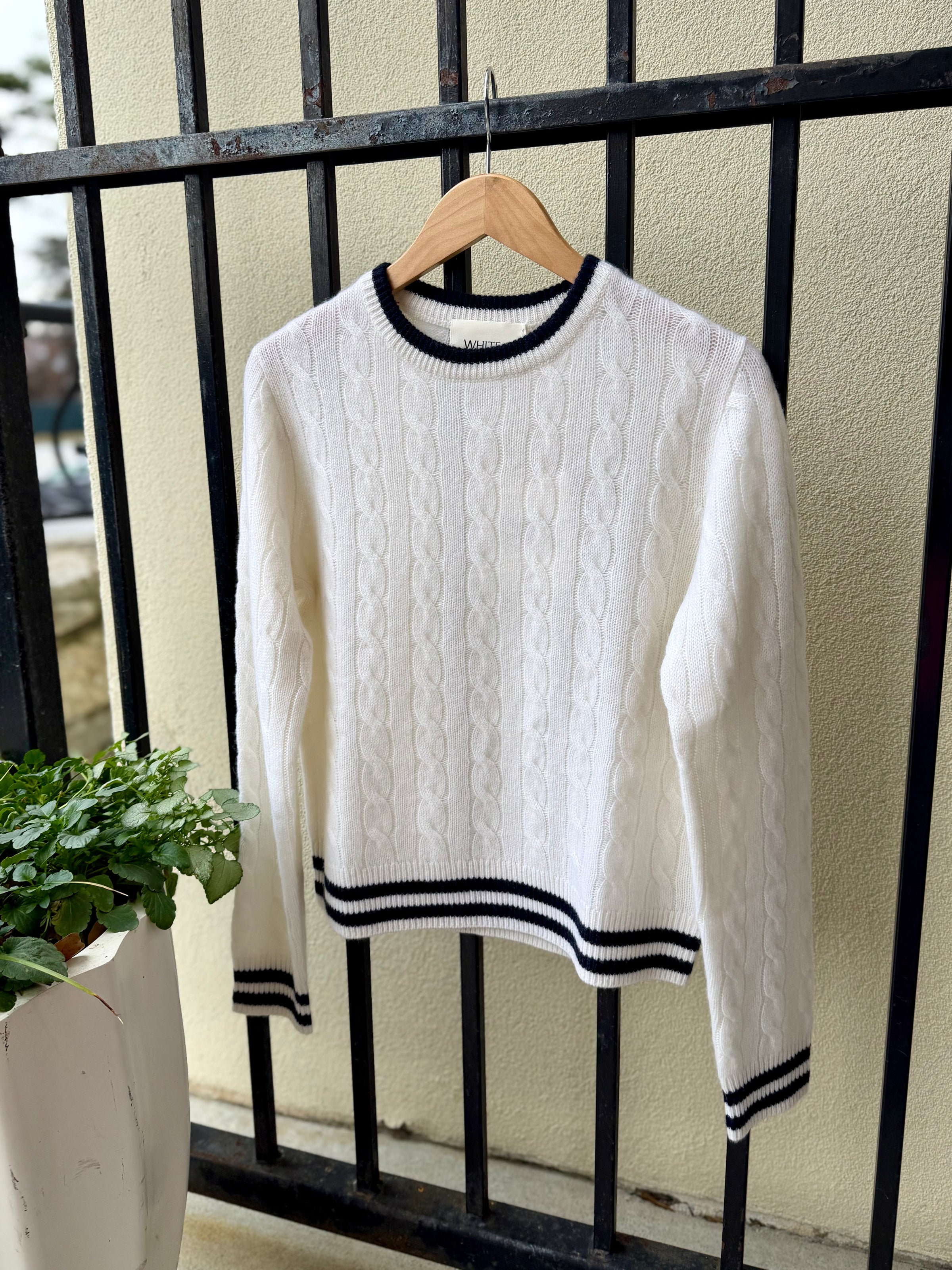 White + Warren Varsity Cashmere Cable Sweater in Soft White/Deep Navy ...