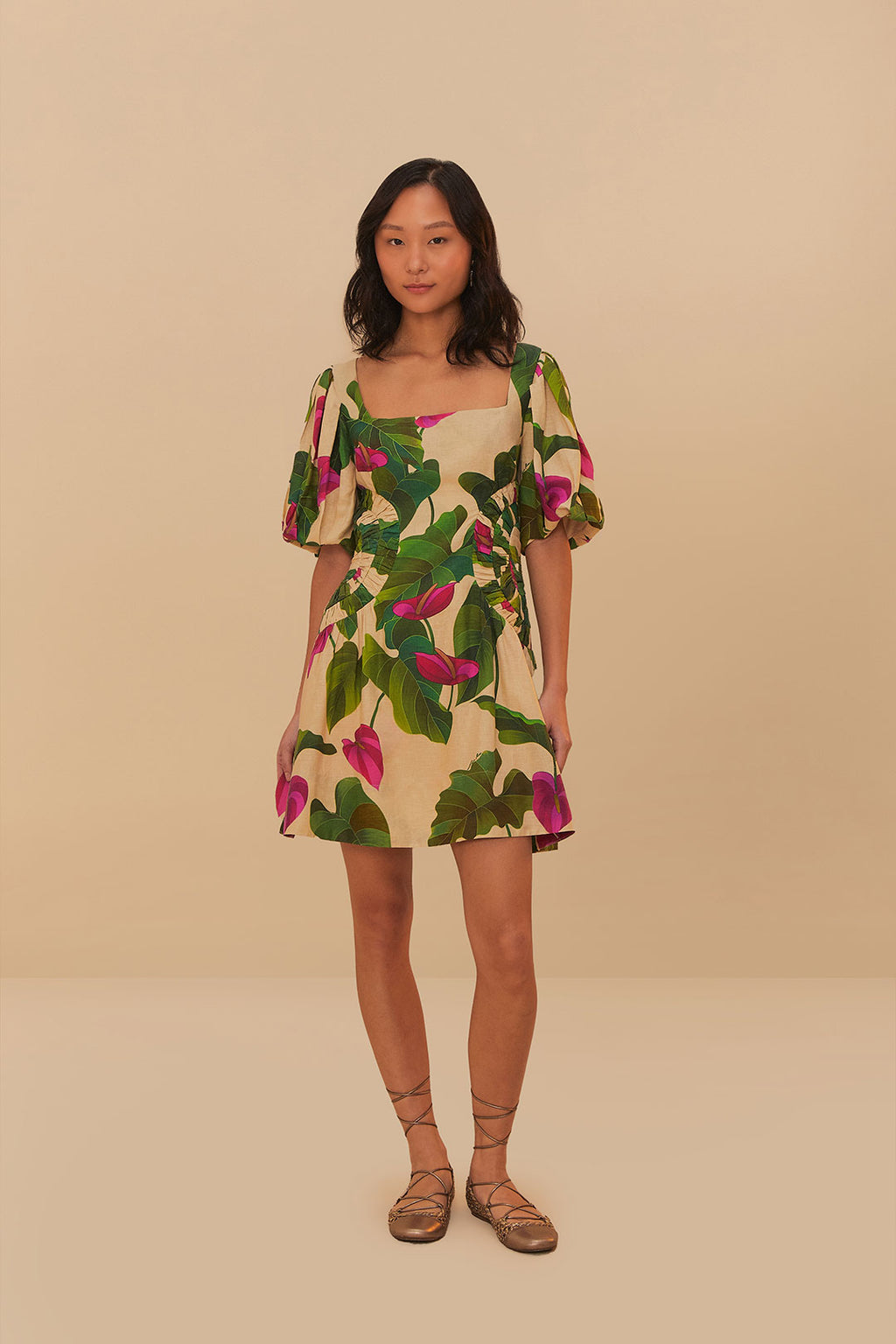 Farm Rio Anthurium Leaves Square Neck Mini Dress in Sand – Poppy's of ...